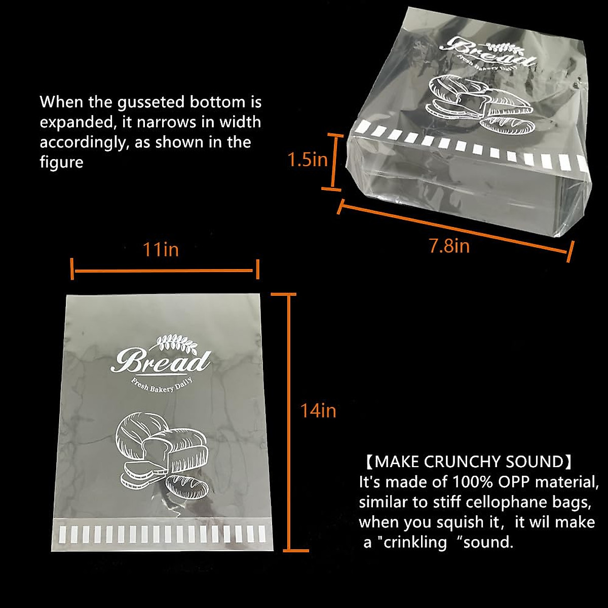 Lesibag 100Pcs 11"x 14" Bottom Gusset Bread Loaf Bags with Ties, Clear Printed Cello Cellophane Bags for Homemade Bread or Bakery