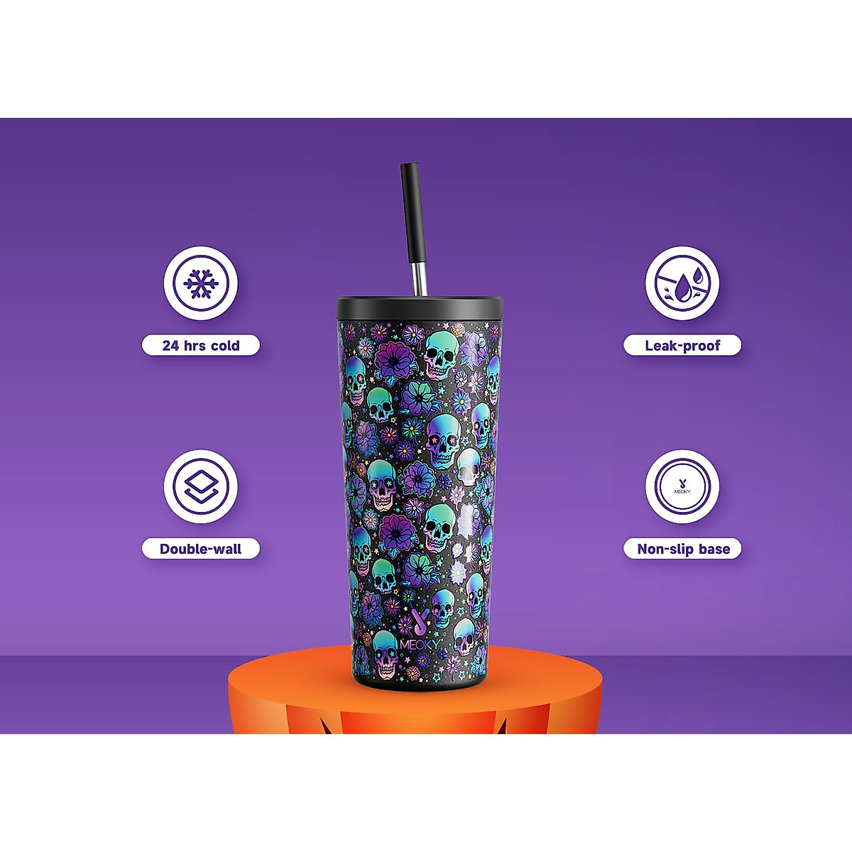 Meoky 24 oz Halloween Tumbler with Lid and Straw, Stainless Steel Vacuum Insulated Tumbler, Keeps Cold for 24 Hours, 100% Leak Proof, Fits in Car Cup Holder (Black Skull)