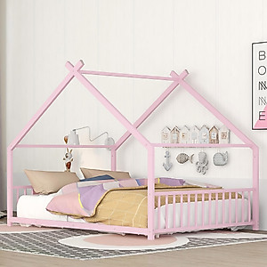 Metal Montessori Floor Bed, Full Size House Bed Frame with Headband and Slats, Full Floor Bed/Cute Montessori Bed for Kids, Girls, Boys(Full Pink)