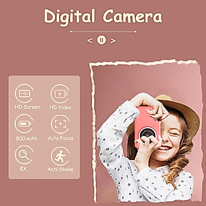 Compact Cute Dual Lens Digital Camera, 2.5K HD Selfie Camera with 8X Zoom for Students (Pink)