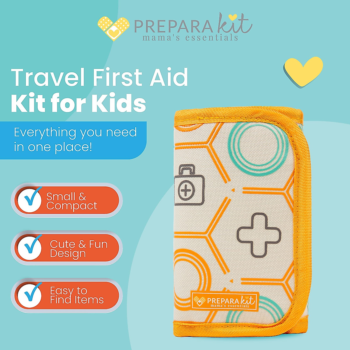 PreparaKit Travel First Aid Kit for Kids - Mini Car, Purse, Backpack, or Diaper Bag 75 Piece Medicine Includes All Essential Medical Supplies TSA-Approved (Orange Crush)