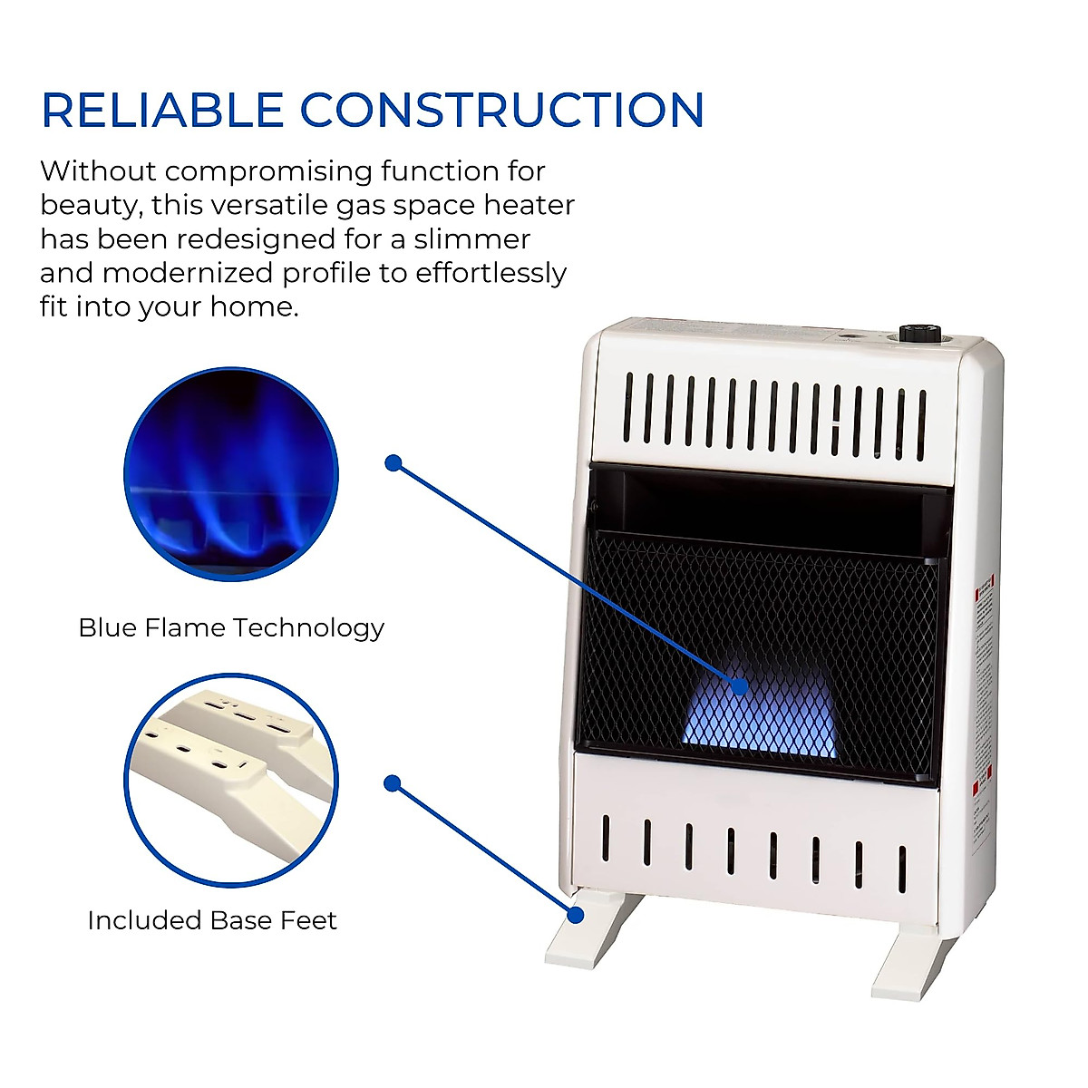 ProCom ML100TBA-B Ventless Propane Gas Blue Flame Space Heater with Thermostat Control for Home and Office Use, 10000 BTU, Heats Up to 500 Sq. Ft., Includes Wall Mount and Base Feet, White