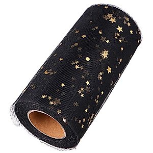 MILISTEN Mesh Ribbon Wide Whimsy Ribbons with Gold Star Moon Pattern DIY Craft Web Ribbon for Gift Wrapping Home Wedding Christmas Cake Decoration 2280x15cm (Black)