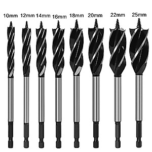 WSOOX Brad Point Wood Drill Bit Set 8PCS Four Spiral Flutes Drill Bit by 1/4" Hex Shank for Quick Chip Removing and Fast Drilling(Drilling Diameter:10mm,12mm,14mm,16mm,18mm,20mm,22mm,25mm)