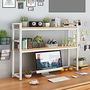 uyoyous Computer Desktop Bookshelf 2-Tier Multipurpose Wood Desk Hutch Bookcase for Computer Desk with Adjustable Shelf Display Rack Organizer, White