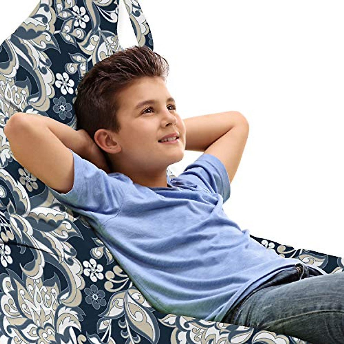 Ambesonne East Lounger Chair Bag, Floral Illustration Oriental Eastern Style with Traditional Influences, High Capacity Storage with Handle Container, Lounger Size, Dark Blue Grey and Beige