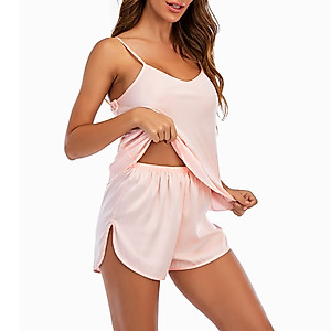 Zando Womens Cami Summer Pajamas Set Shorts Sexy Lingeri Satin Sleepwear Plus Size Lingerie Set Two Piece Sleepwear Satin Shorts Lingerie Set Womens Nightwears Silk PJS Pink X-Small