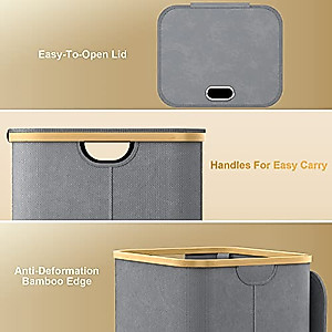 Homykic Laundry Basket with Lid, 97L Large Hamper Clothes Storage Basket with Bamboo Handles, Foldable Tall Laundry Organizer for Dorm, Bathroom, Bedroom, Clothing, Blanket, Light Grey