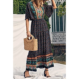 PRETTYGARDEN Women's Casual Summer Boho Floral Print Dress V Neck Short Sleeve High Waist Long Maxi Beach Dresses (Black Floral,Medium)