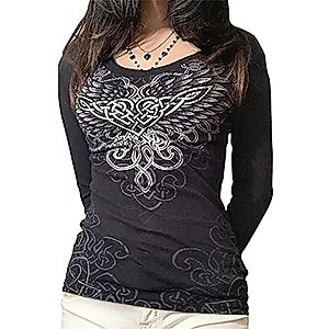 Chvity Y2K Shirts Teen Girls Grunge Aesthetic Clothes Long Sleeve Ribbed T Shirt Tops for Women(Black,Small)