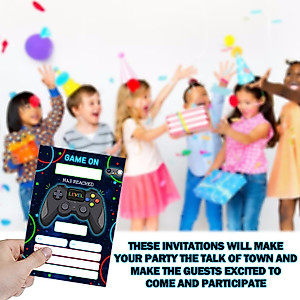 Neon light Arcade Party Invitations for Kids, Kids Game On Video Game Birthday Invitation Cards, Birthday Invites for Boys Teen, Kid's Party Decoration Supplies, 20 Invitations with Envelopes - JY606