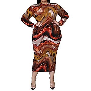 Uni Clau Women Sexy Plus Size Bodycon Dress Floral Print Long Sleeve Midi Dress V Neck Casual Party Dress with Belt Yellow L