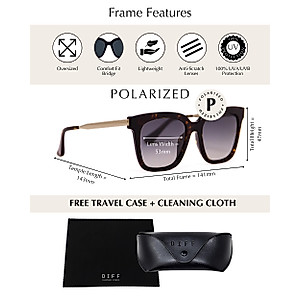 DIFF Bella Designer Square Oversized Sunglasses for Women UV400 Polarzied Protection w/giftable travel case, Amber Tortoise + Steel Gradient