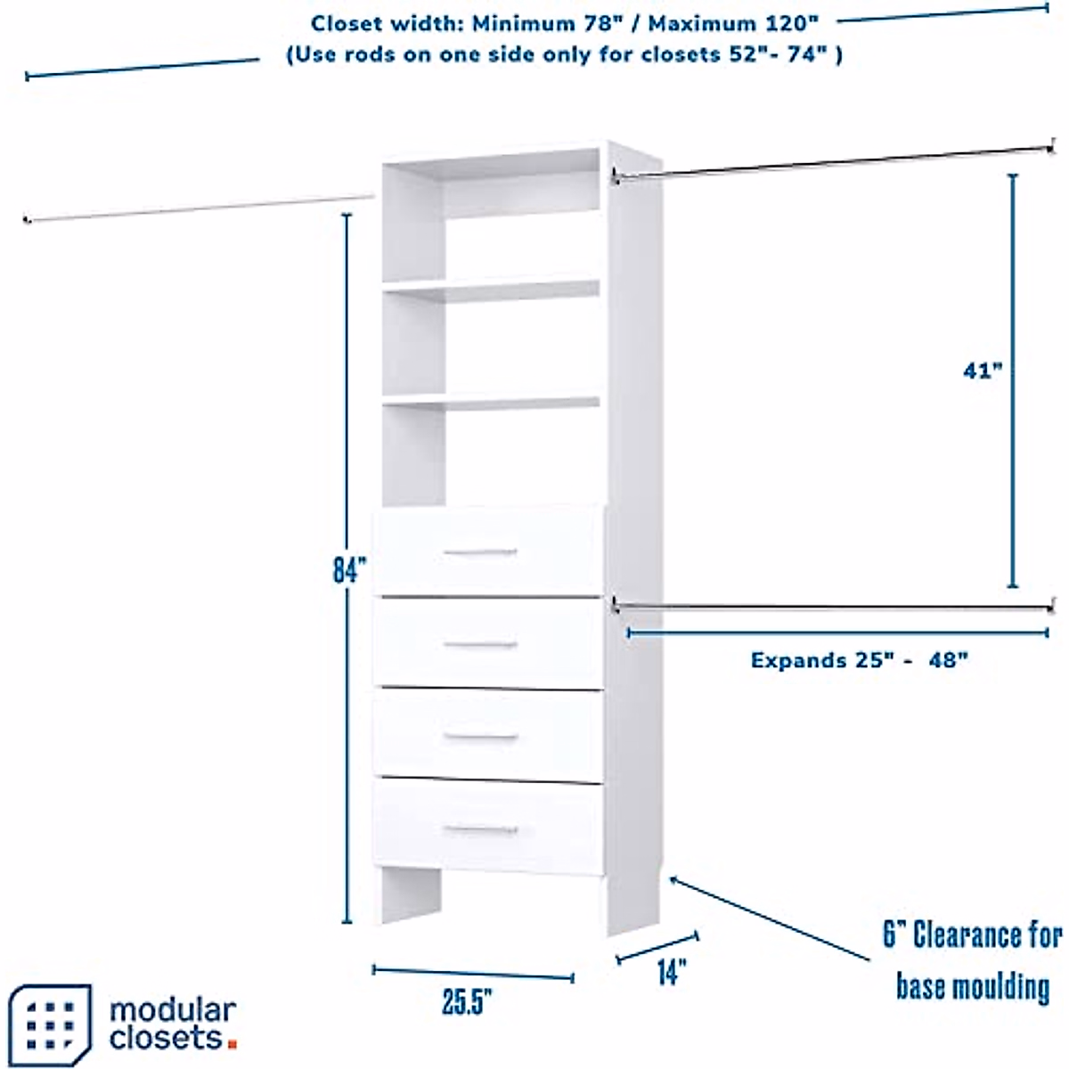 MC Modular Closets Closet Shelves Tower With Hanging Kit - Built In Organizer System Corner Organizers And Storage Shelves Shelving Expands From 52'' 120'' (EXTW-AS-25.5) (Shelves and Drawers), White
