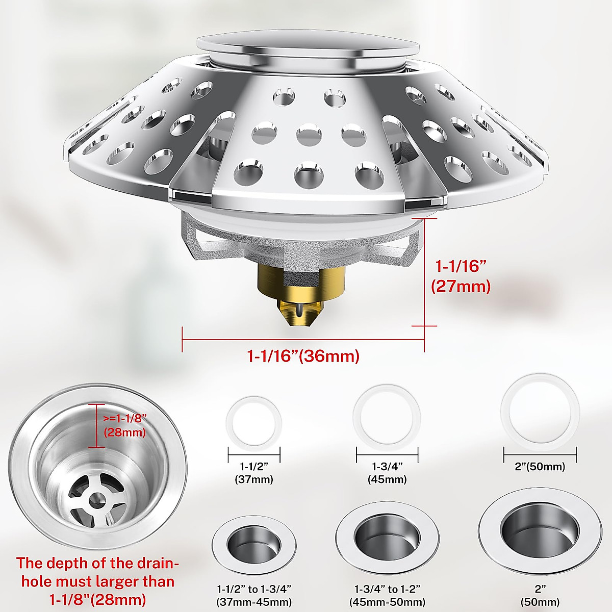 MGT Bathroom Sink Stopper Tub Drain Hair Catcher Tub Plug Pop Up Tub Drain Stopper Stainless Steel Bathroom Tub Stopper for 1 1/2 to 2 in Bath Drain Hole Bathtub Stopper Replacement