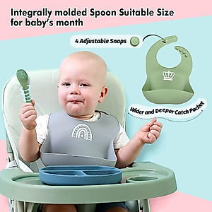 Plates And Bowls Sets For Baby/Kids, 4 PACK Baby Feeding Supplies with Suction Bowl＆Divided Plate＆Adjustable Bib＆Soft Spoon-BPA Free-Easily Clean Infant Training Eating Utensil (Green)