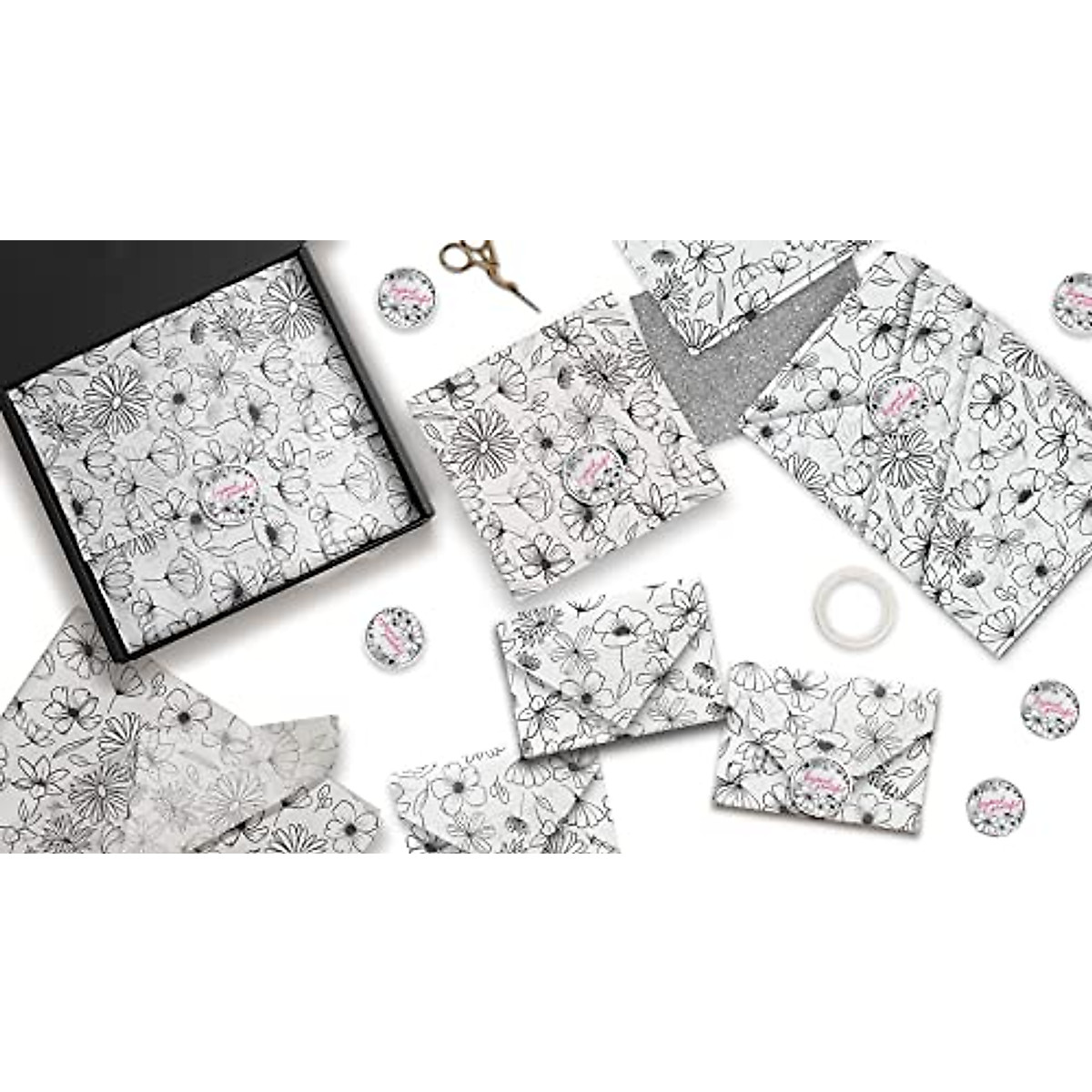 Black and White Floral Printed Tissue Paper - Decorative Tissue for Decoupage - Spring Tissue Paper | 24 Sheets 20" x"30"