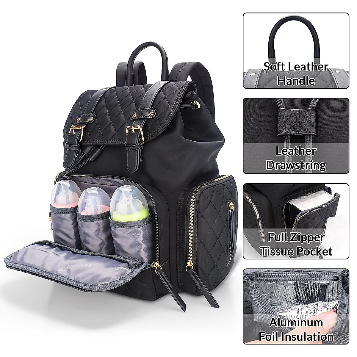 Hafmall Diaper Backpack for Mom, Stylish Baby Diaper Bag Backpack with Stroller Hooks, Multifunctional Baby Bag for Baby Girl Boy, Black