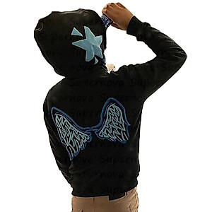 Sunwittafy Y2k Hoodie Men Women Star Zip Up Hoodie Letter Print Harajuku Oversized Sweatshirt Grunge Jacket Streetwear D-blue