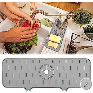 Actoridae Sink Faucet Mat for Kitchen Sink Splash Guard Countertop Protection Soft Rubber Drying Pad 2mm Thick Stable Flat Suit for 2.5" Single Sink Splash Guard Single Hole Silicone