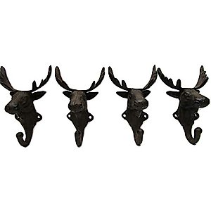 Coat Hat Hooks, 6.5" Cast Iron Moose Head Vintage Antique Style Hangers Set of 4
