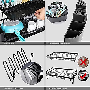 Zvonema Large Dish Drying Rack, 2-Tier Dish Racks for Kitchen Counter, Stainless Steel Dish Drainers with Drainboard & Removable Utensil Holder Cup Holder, Space Saving Dish Rack, Black