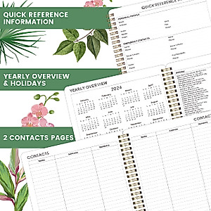 2024 Planner - Jan. 2024 - Dec. 2024, Planner 2024, 8" x 10", 2024 Planner Weekly and Monthly with Marked Tabs + Thick Paper + Contacts + Calendars + Holidays + Twin-Wire Binding - White Floral