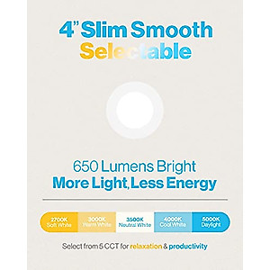 Sunco 6 Pack 4 Inch Slim LED Recessed Ceiling Lights, Selectable CCT 2700K/3000K/3500K/4000K/5000K, Dimmable, 10W, Canless with Junction Box - Energy Star ETL T24