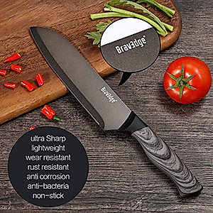 Bravedge Kitchen Knife Chef Knife Santoku Knife Versatile Cooking Knife with 7" & 8" Sharp Stainless Steel Metallic Paint Double Bevel Blade Ergonomic Handle PP Sheath Elegant Gift Box