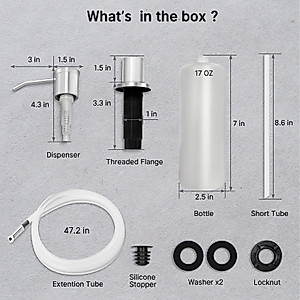 Tiilan Built-in Soap Dispenser Pump for Kitchen Sink Set, Detergent Dispenser 17oz Bottle and 47.2-inch Extension Tube, Stainless Steel Pump, Brushed Nickel