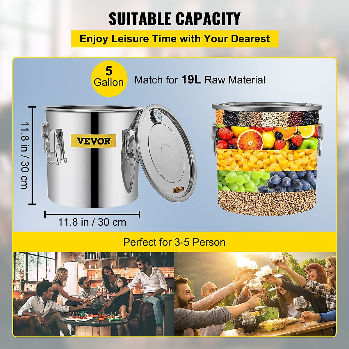 VEVOR Alcohol Still 5Gal/20L Alcohol Distiller Stainless Steel Distillery Kit for Alcohol With Copper Tube & Pump Home Brewing Kit Build-in Thermometer for DIY Whisky Wine Brandy