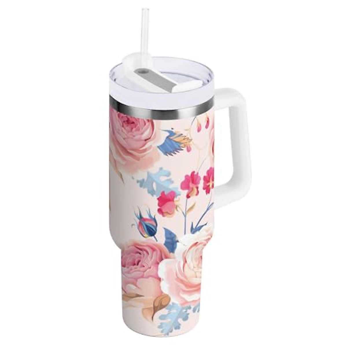 Floral Rose Pink 30 oz Tumbler with Handle and Straw Lid, 100% Leak-proof Travel Coffee Mug, Stainless Steel Insulated Cup For Beverages, Cupholder Friendly