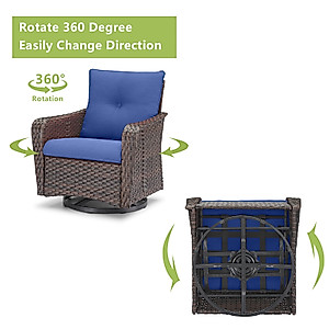 Rilyson Outdoor Patio Rocking Swivel Chairs - 3 PC Wicker Patio Furniture Rocker Chair Set Rattan Patio Bistro Sets with Side Table for Porch Deck Backyard Garden(Brown/Blue)