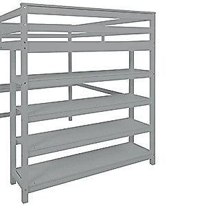 DEYOBED Full Size Wooden Loft Bed Frame with Under-Bed Desk and 4-Tier Storage Shelves - Smart Space-Saving Solution for Teens and Kids' Bedrooms