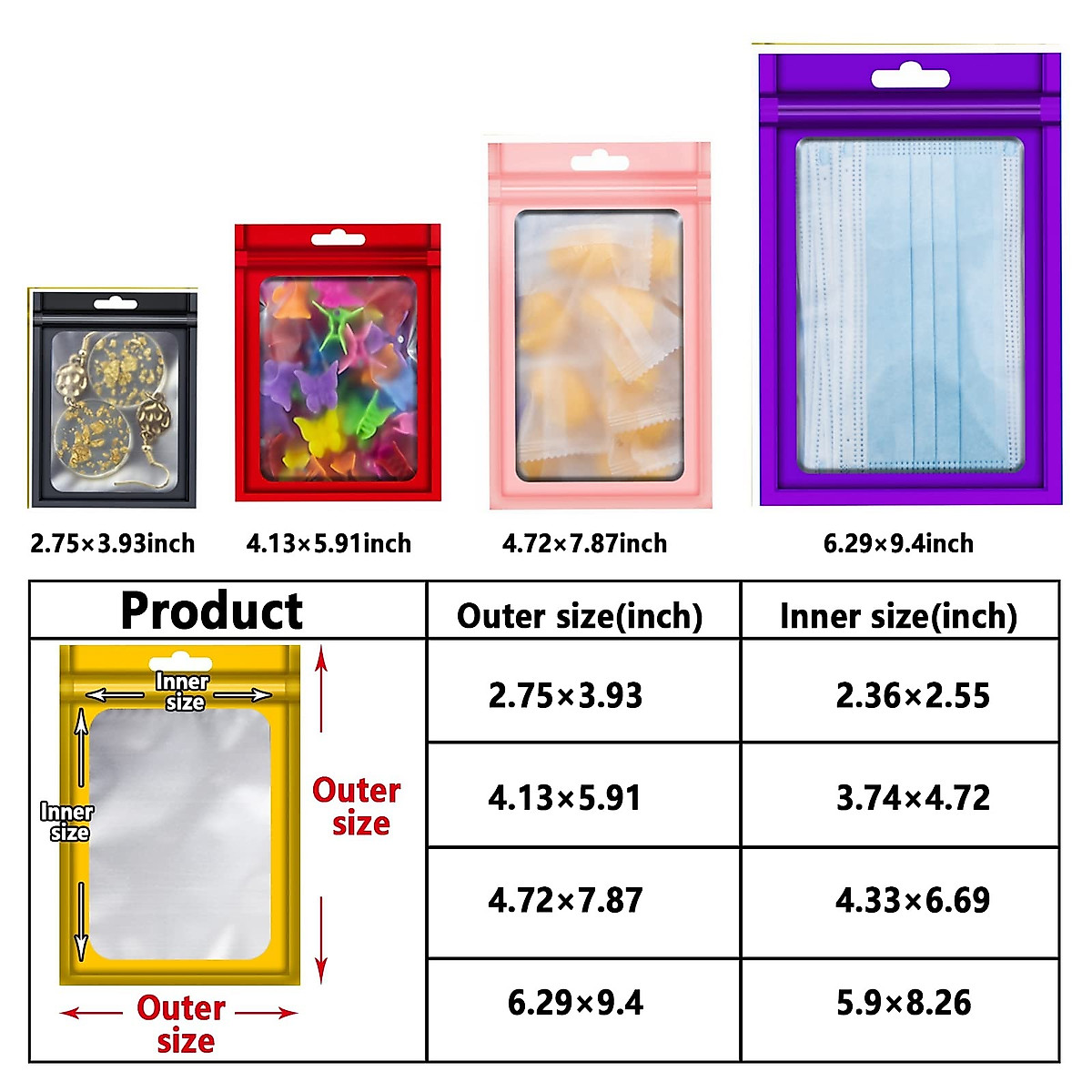 ODDIER 5 colors Matte Foil Mylar Resealable Ziplock Bag,Each Size 20pcs Slider Seal Technology Storage Bags Grip Food Containers Organization ,Plastic Packaging Bags for Party Favor Food