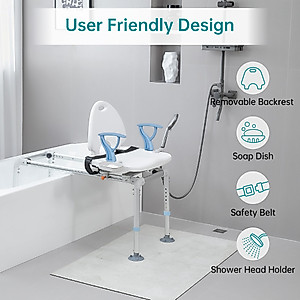 ELENKER Heavy Duty Sliding Shower Chair with Swivel Seat, Rotating Sliding Bathtub Transfer Bench and Bath Safety Seat with Non-Slip Suction Cup