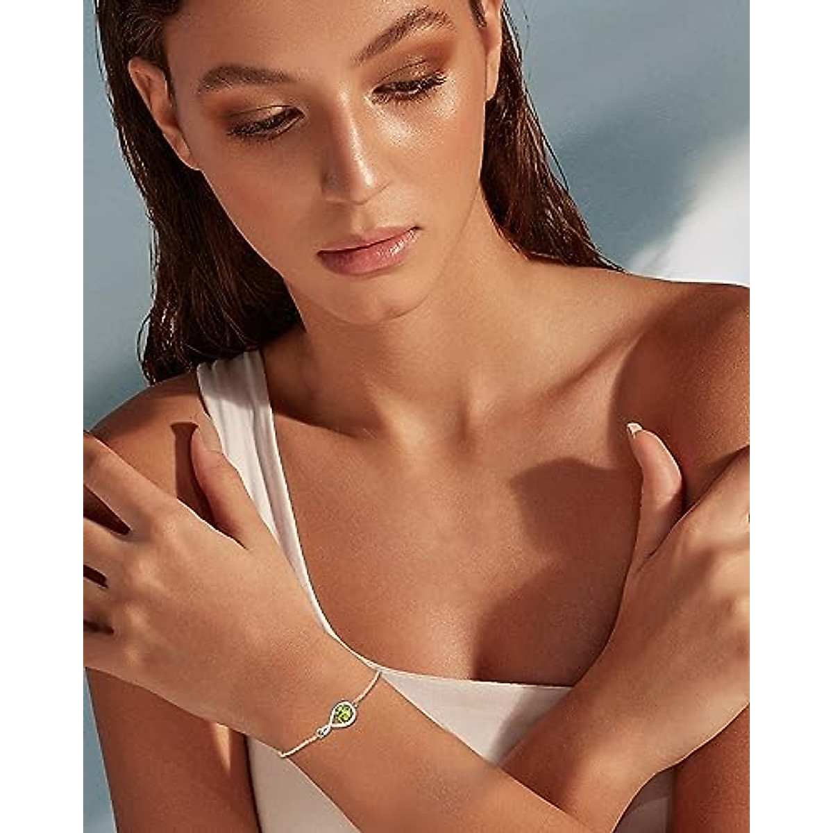 FANCIME Peridot Bracelet for Women August Birthstone Sterling Silver Infinity Link Bracelet Green Gemstone Fine Jewelry Birthday Anniversary Graduation Gifts for Her Women Girls, 6.7+1.2"