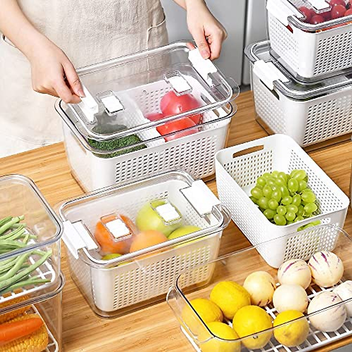 LUXEAR Vegetable Containers for Fridge Produce Saver Container Fruit Storage Organizer 3 Pack BPA-Free Fridge Organize Containerswith Lid & Colander for Salad Lettuce Berry Storage Stay Fresh