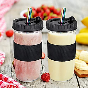 Youeon 4 Pack 24 Oz Reusable Boba Cup with Lids and Straw, Iced Coffee Cups Glass Smoothie Cups, Bubble Tea Cups Mason Jar Cups with Silicone Sleeve, BPA Free, Dishwasher Safe, 2 Colors