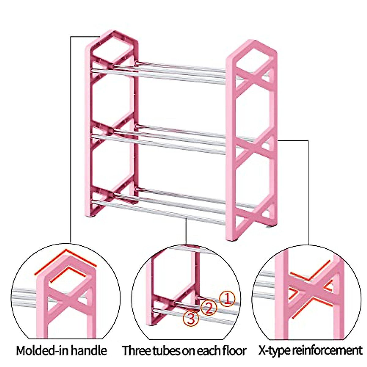 SHELAKET Upgrade 3-Tier Small Shoe Rack, Metal Lightweight 5-7 Pairs Shoe Shelf Storage Organizer for Entryway, Hallway and Closet（Pink）