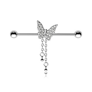 OUFER Butterfly Industrial Piercing Jewelry,14G Surgical Steel Industrial Barbells, Chain Industrial Earrings, Industrial Bar For Women