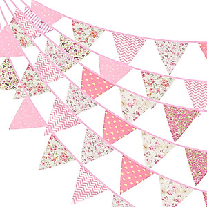 jijAcraft 39Ft Triangle Bunting Banner, 42Pcs Tea Floral Party Bunting Cotton Fabric Flags Pennant Garlands for Birthday Party, Wedding, Baby Shower, Outdoor and Home Decorations (Pink)