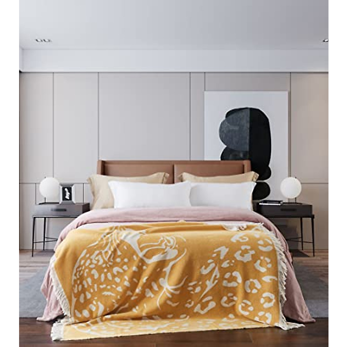 Downhome Cozy Soft Lightweight Throw Blanket for Couch, Cotton Chenille Blend Decorative Woven Knit Boho Throw Blanket,Yellow Leopard Pattern with Tassels