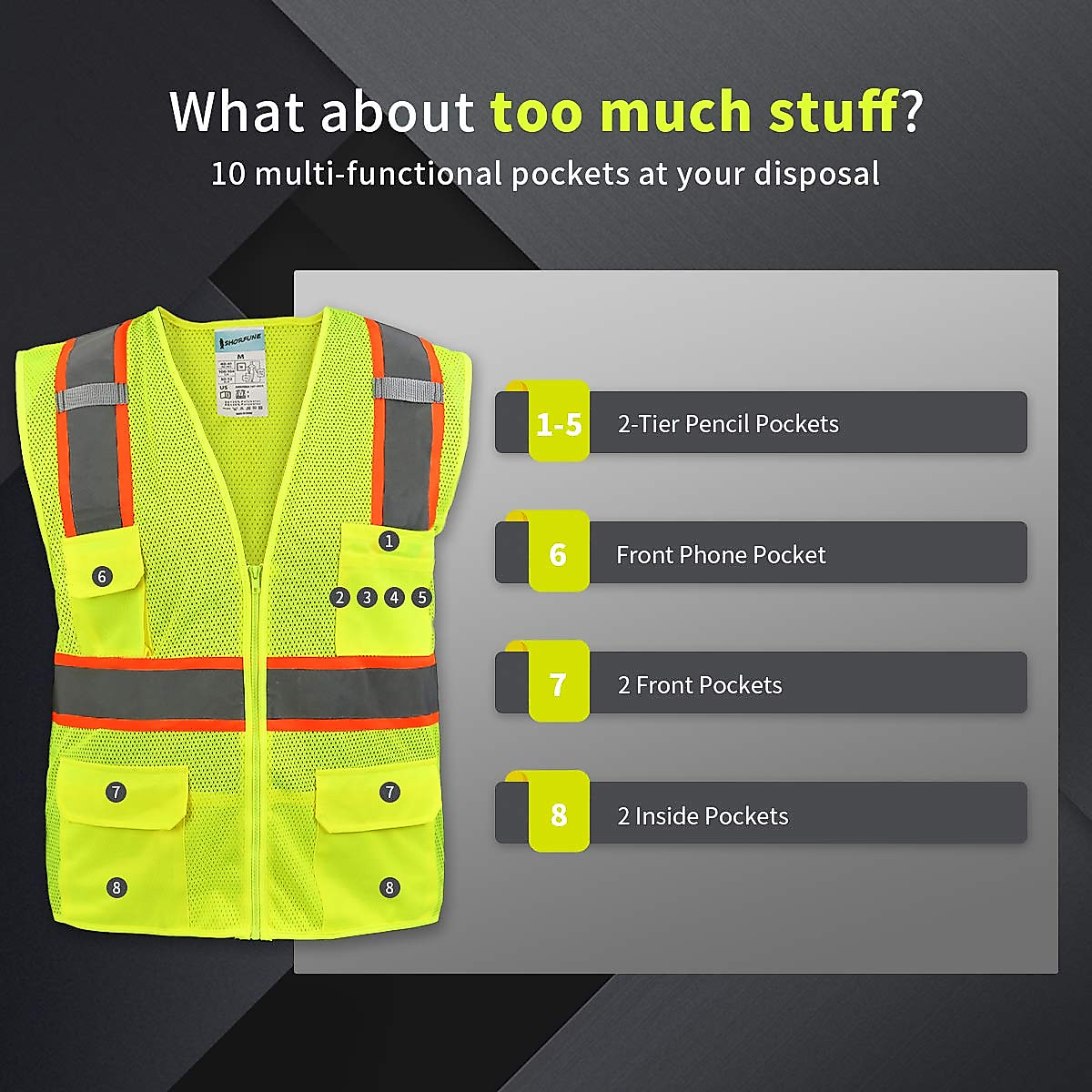 SHORFUNE High Visibility Safety Vest with 10 Pockets, Mic Tabs, Zipper and Reflective Strips, Reflective Construction Vest for Men and Women, ANSI/ISEA Standards, Yellow, M