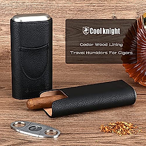 COOL KNIGHT Leather Cigar Case - Cedar Wood Lining Travel Humidors for Cigars - Cigar Accessories Include Stainless Steel Cigar Cutter - Cigar Gift Box for Cigar Lovers (Black)