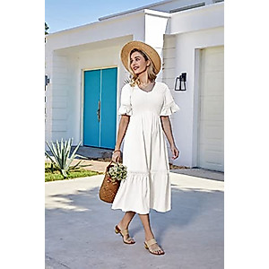 GRACE KARIN Women's V Neck Short Bell Sleeve Smocked Tiered Dress Elastic Waist Lace Patchwork Ruffle Dress White XL