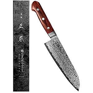 MASAMOTO ZA Japanese Santoku Knife 7" Professional Damascus Bunka Knife, ZA-18 Clad 69 Layers Japanese Stainless Steel Blade, Mahogany Pakkawood Handle, Made in JAPAN -Tokyo Exclusive Edition-