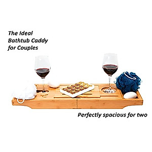 Bamboo Bathtub Tray & Bed Laptop Desk with Foldable Legs, Latest Unique Zen Design Bathtub Caddy, Top Quality Bamboo Bathtub Caddy Tray with Adjustable Legs, Wine Glass & iPad Holder by Bambooware