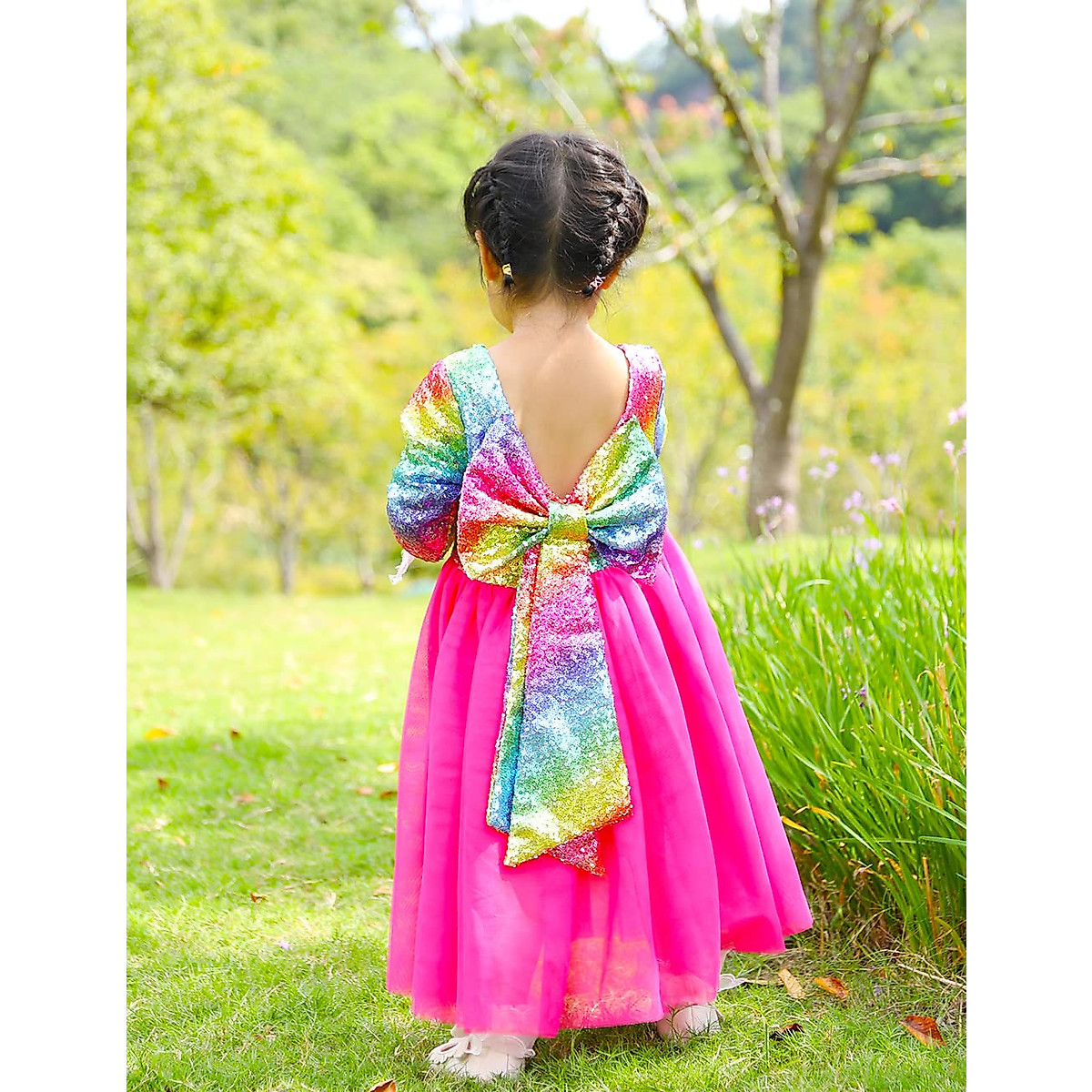 Cilucu Flower Girl Dress Sequin Dress Baby Toddler Long Sleeve Dress Tutu Kids Party Birthday Christmas New Year Dress Rainbow Hot Pink 4T-5T
