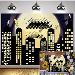 Superhero Super City Photography Backdrop Yellow Full Moon Skyline Cityscape Photo Background Newborn Baby Shower Kids Birthday Party Cake Table Decoration Banner Props (7x5FT)